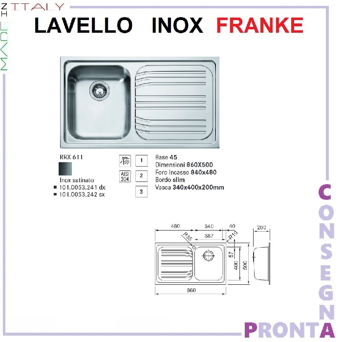 Lavello inox 1 vasca + gocciolatoio Franke cucine componibili in Pronta ...