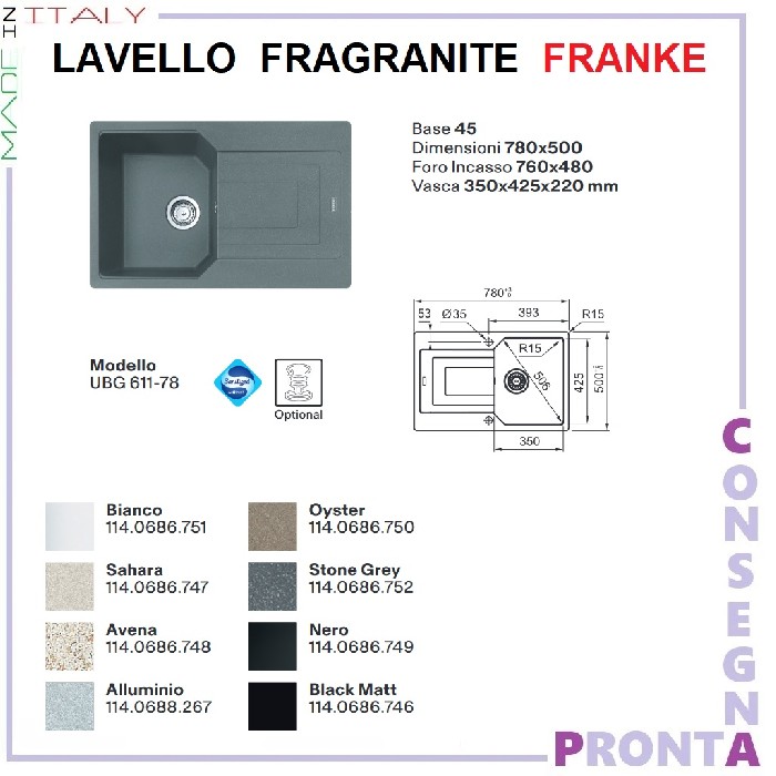 Lavello fragranite 1 vasca + gocciolatoio Franke cucine componibili in ...